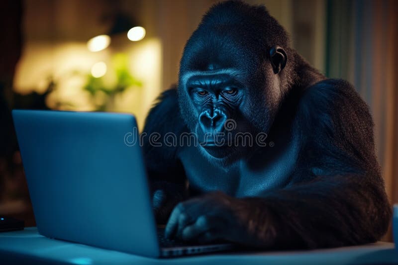 A Contemplative Gorilla is Seated at a Desk, Gazing Intently at a Computer Screen Showing Data ...