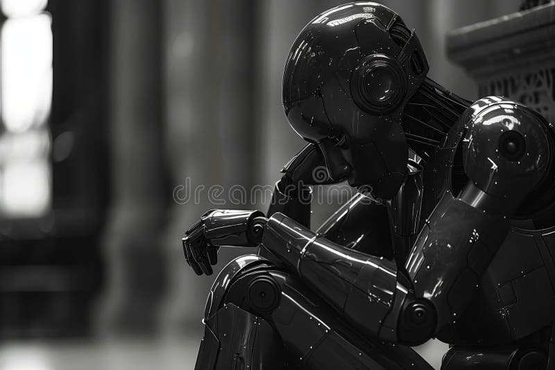 Contemplative Humanoid Robot in Black and White Stock Illustration ...