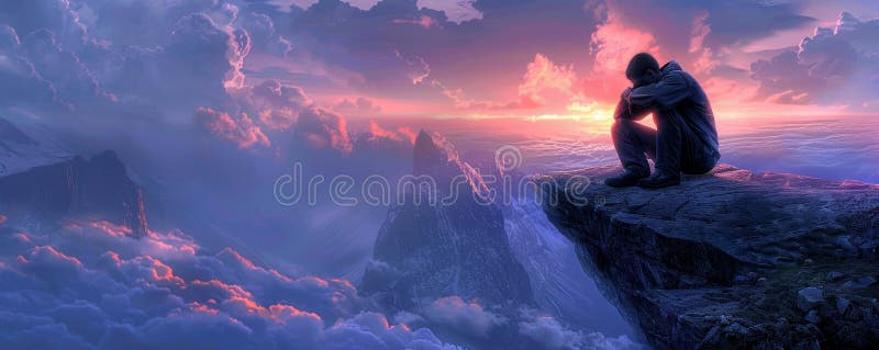 Contemplative Man Sitting on Cliff Edge at Sunset with Dramatic ...