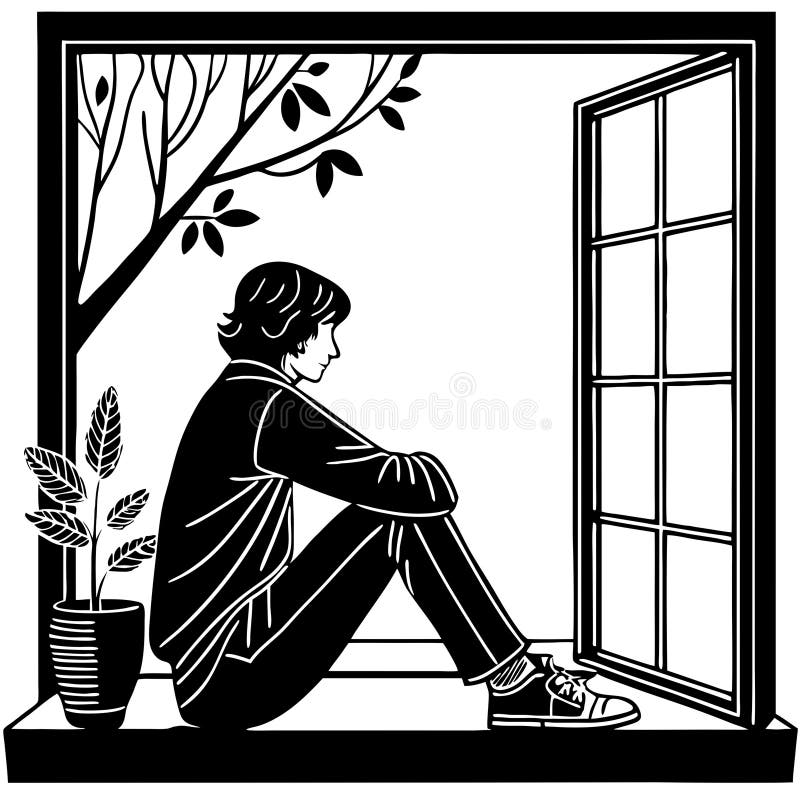 Contemplative Man Sitting by Window with Leafy Plant in Black and White ...