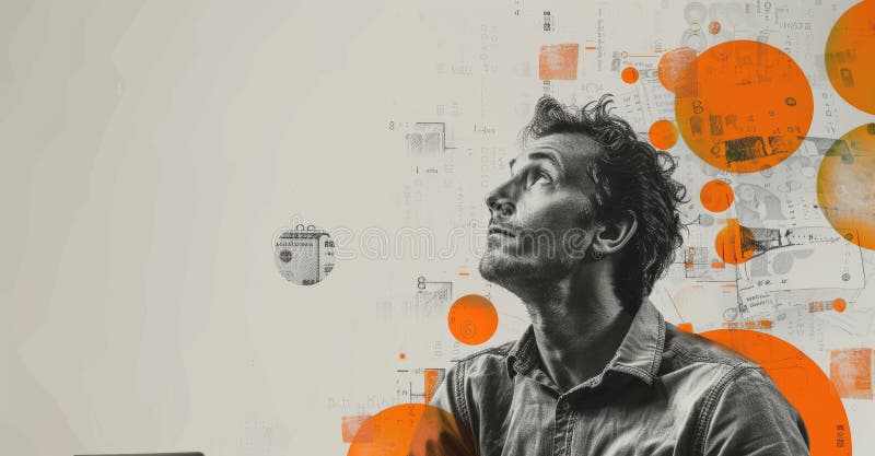 A Contemplative Man Surrounded by Abstract Illustrations and Symbols ...