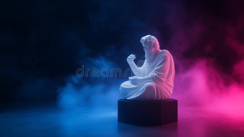 Contemplative Marble Statue of Aristotle Illuminated by Colored Lights ...