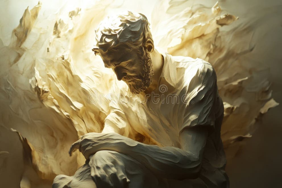 Contemplative Sculpture of a Man Surrounded by Dynamic Artistic ...