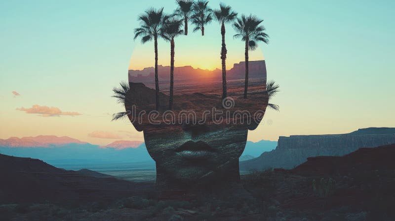 A Contemplative Silhouette with Palm Trees and Sunset in a Minimalist ...