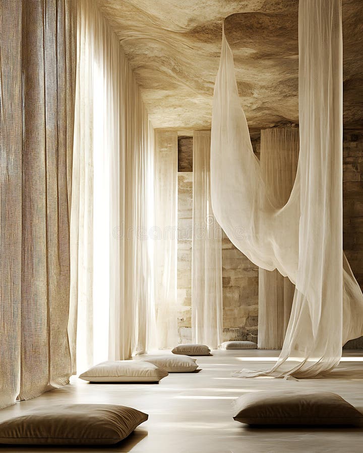 Contemplative Space Featuring Suspended Layered Fabrics, Hushed ...