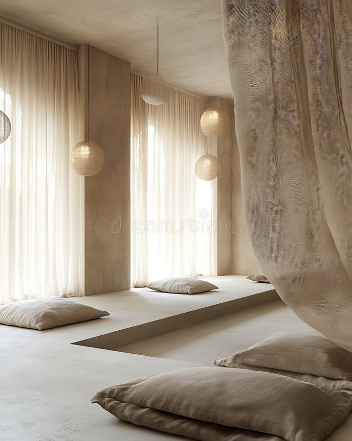 Contemplative Space Featuring Suspended Layered Fabrics, Hushed ...