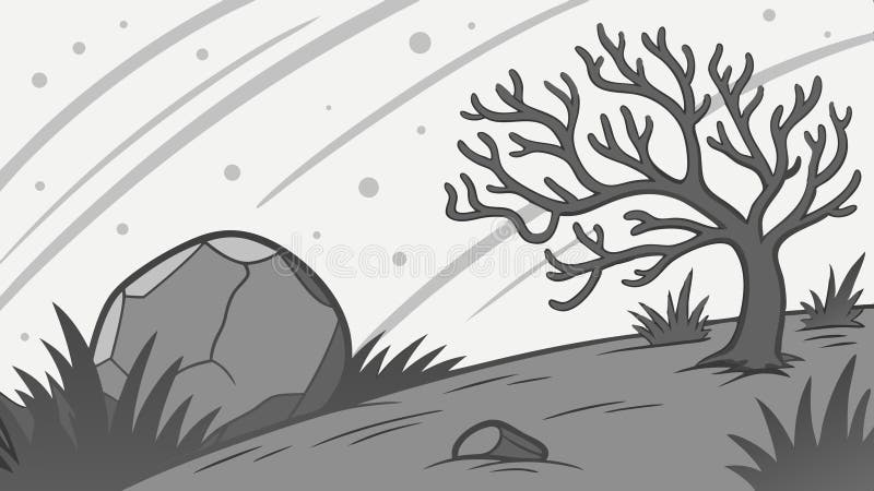 Gnarled Tree by a Large Rock in a Somber Landscape, Vector Design ...