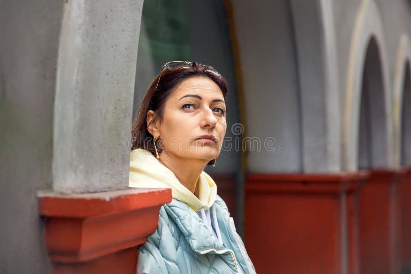 Contemplative Woman Looking Sunset Horizon Leaning Railings. Lady ...