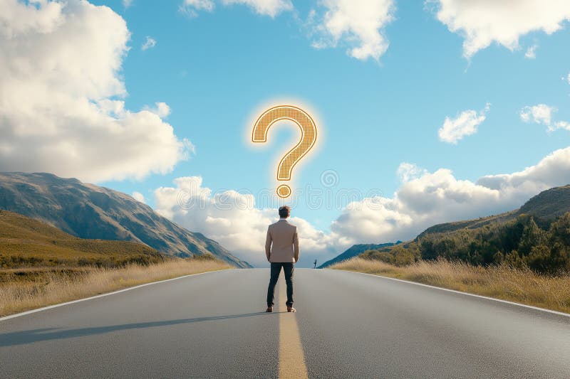 Contemplative Young Caucasian Male Standing on Empty Road with Question ...