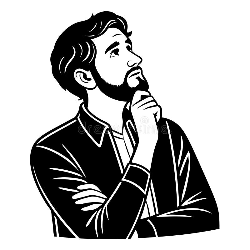 Contemplative Young Man Thinking with Hand on Chin Minimalist Vector ...
