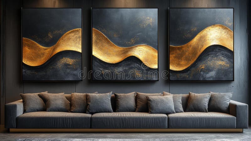 Contemporary Abstract Gold Wave Triptych Generative AI Stock ...