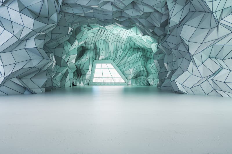Contemporary Abstract Blue Geometric Crystal Cave Museum Interior with ...