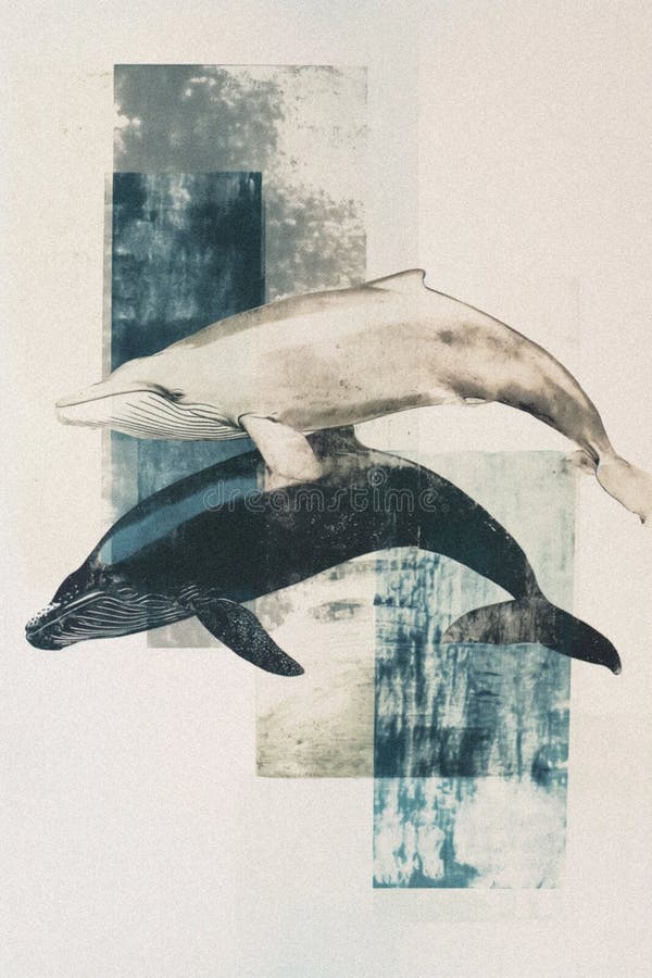 Contemporary Animal Collage Art with Whale, Risograph Print Stock ...