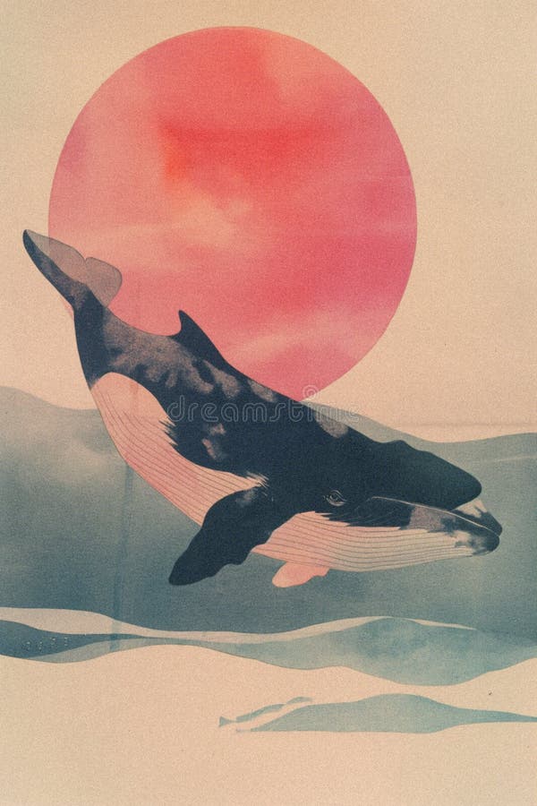 Contemporary Animal Collage Art with Whale, Risograph Print Stock ...