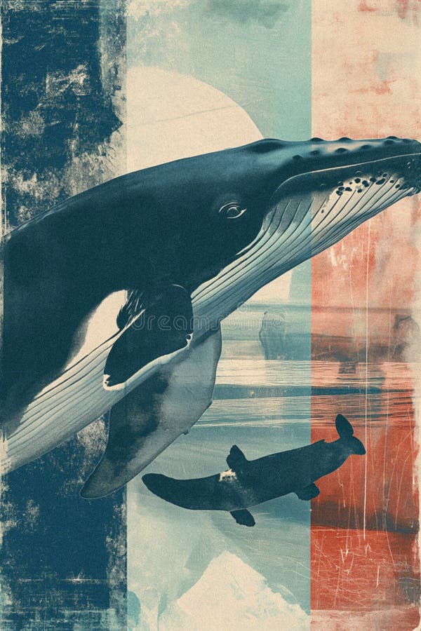 Contemporary Animal Collage Art with Whale, Risograph Print Stock ...