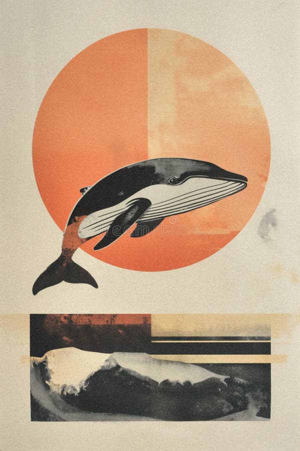 Contemporary Animal Collage Art with Whale, Risograph Print Stock ...