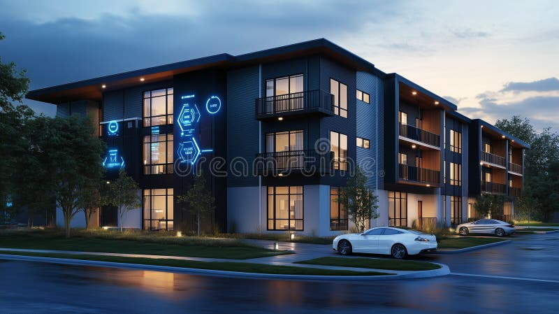 Modern Apartment Building Illuminated at Dusk with Smart Technology ...