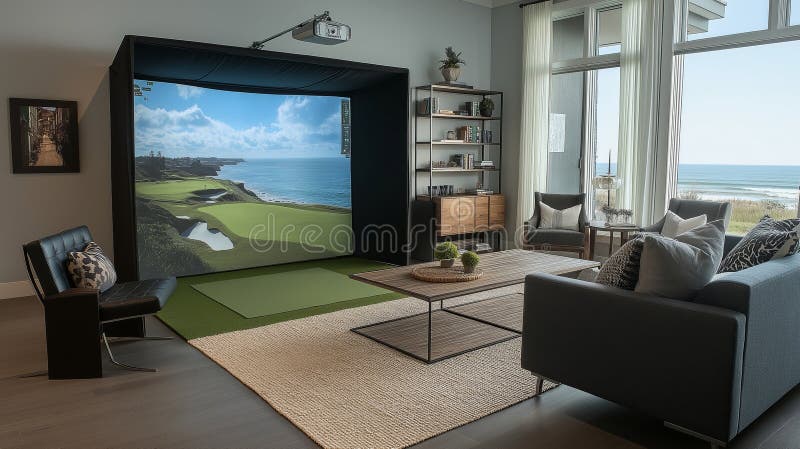 Contemporary Apartment Golf Simulator, Oceanfront Course with Modern ...