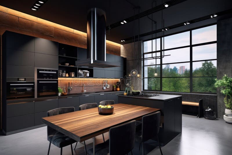 A Contemporary Apartment Interior Open Kitchen in a Dark Loft Style ...