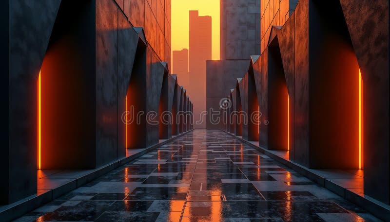 Modern Architectural Corridor with Glowing Pathways and Dramatic ...