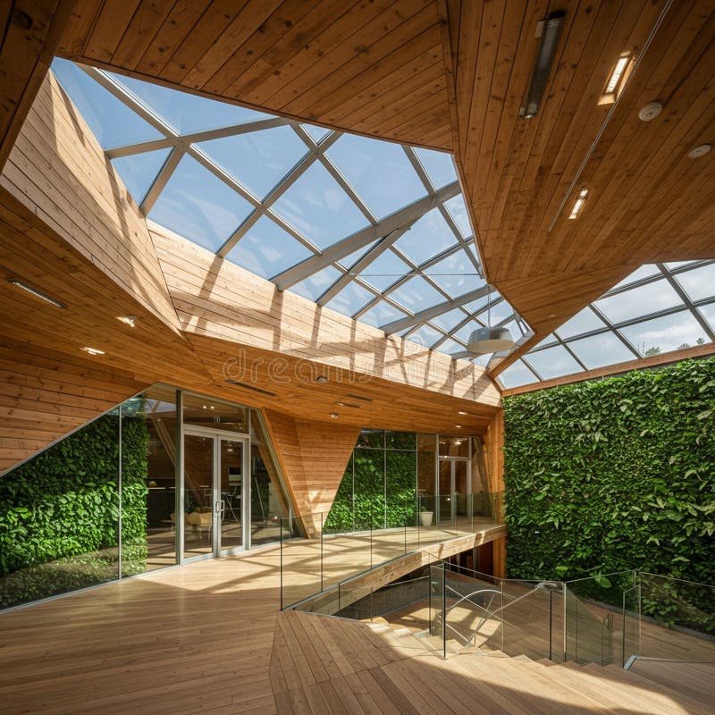 Contemporary Architectural Interior with an Angular Wooden Ceiling and ...