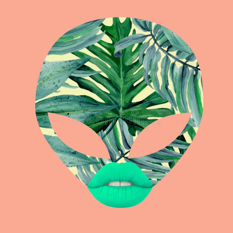 Alien Face Witn Leaves and Lips Stock Illustration - Illustration of ...