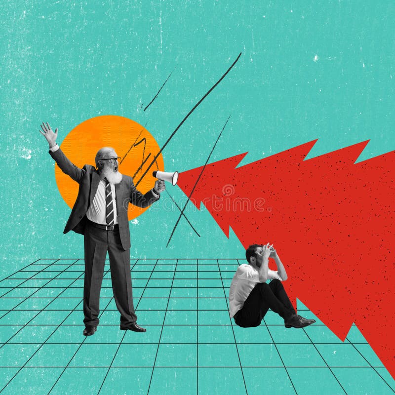Contemporary Art Collage. Businessman Emotionally Shouting in Megaphone ... Contemporary Art Collage. Businessman Emotionally Shouting in Megaphone ...