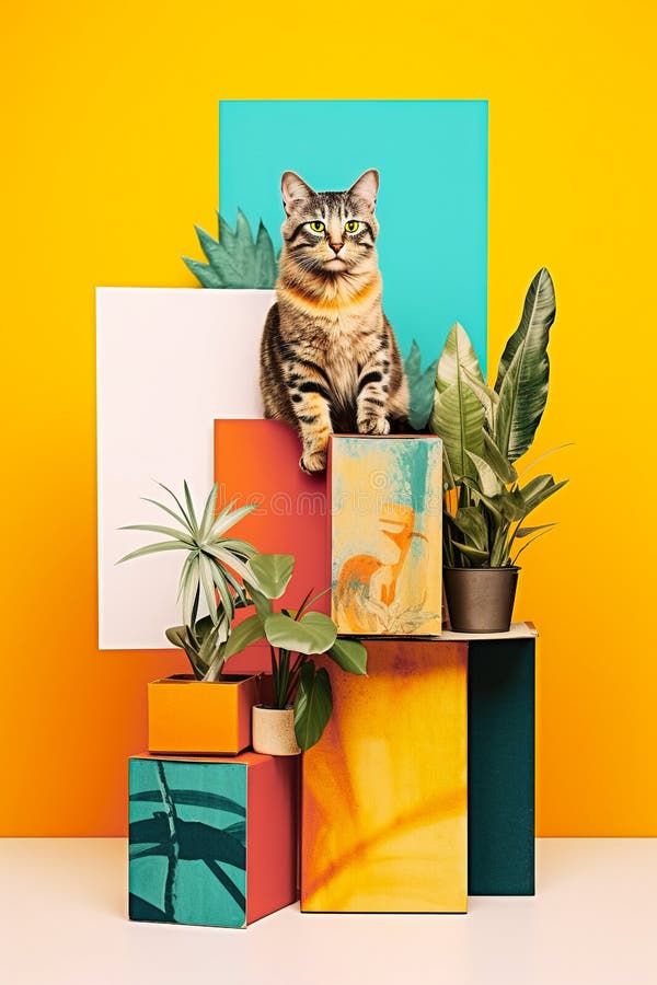 Contemporary Art Collage with Cat, Abstract Organic Shape and Suculent ...