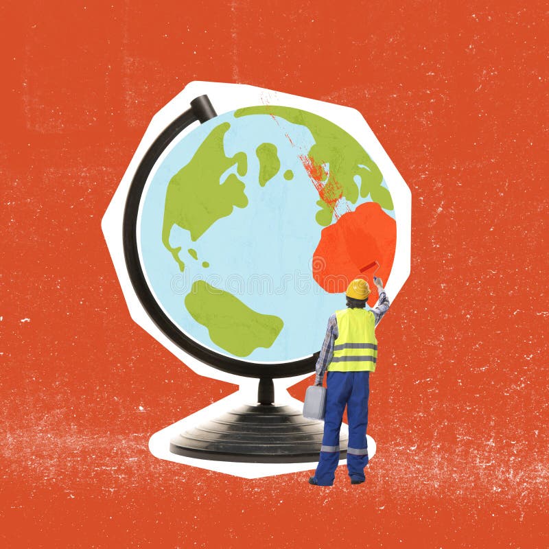 Contemporary Art Collage. Conceptual Image of Builder Trying To Save ...