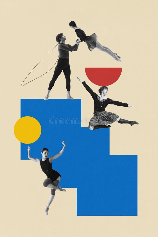 Contemporary Art Collage. Dancers Interact with Geometric Elements ...
