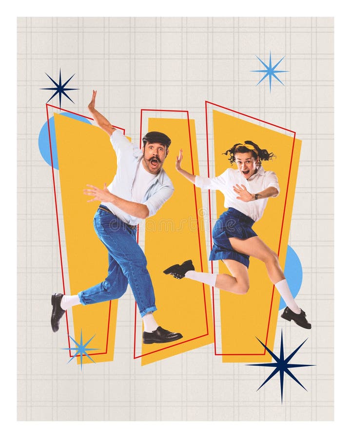 Contemporary Art Collage. Dynamic Duo Jumps Forward in Synchronized ...