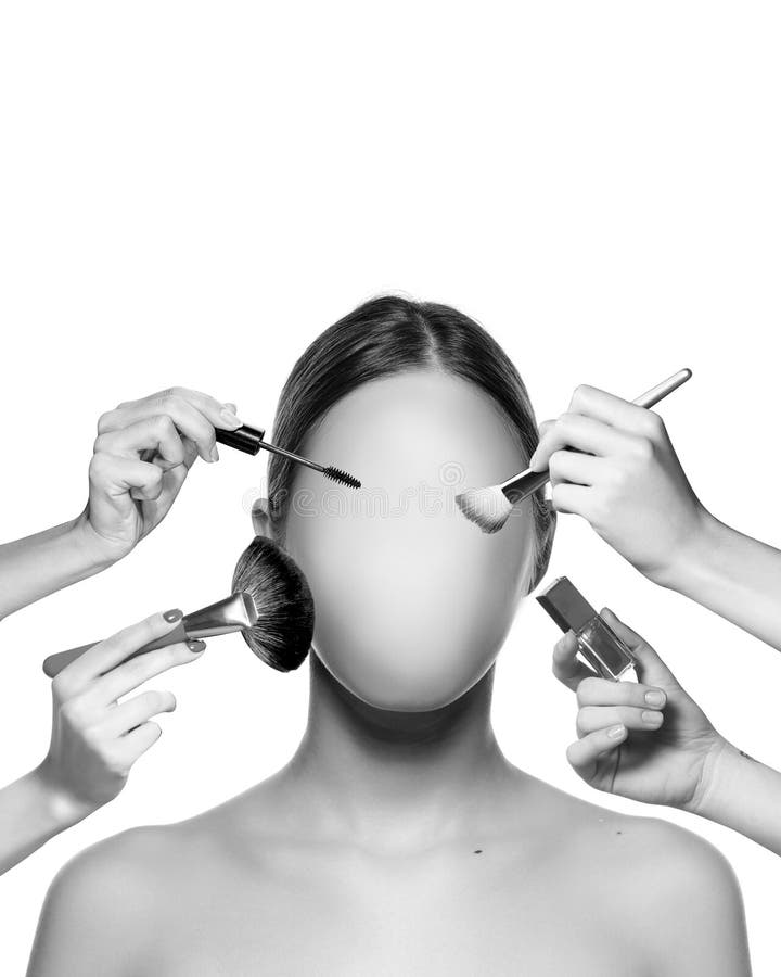 Contemporary Art Collage. Faceless Model with Various Makeup Tools ...
