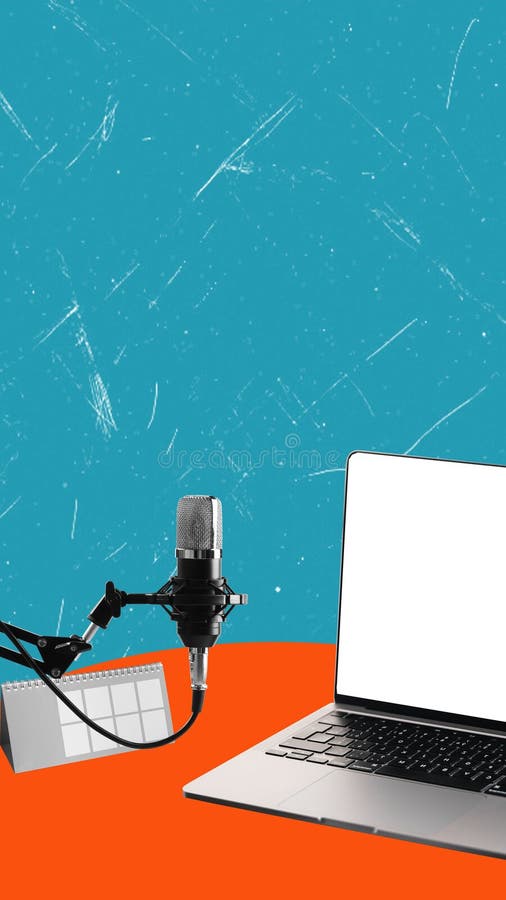 Contemporary Art Collage Featuring Laptop and Microphone with Copy ...