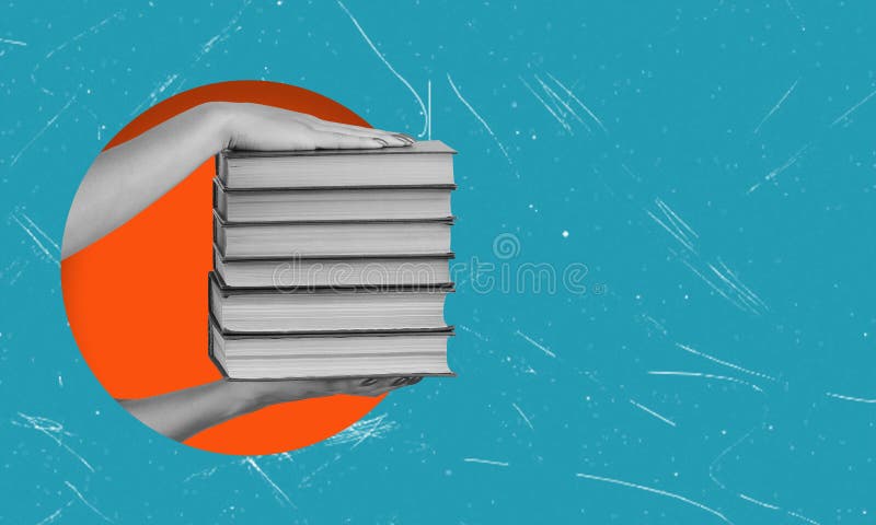 Contemporary Art Collage Featuring a Stack of Books in Hand Stock Image ...