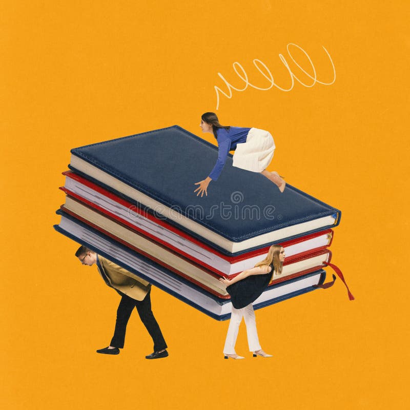 Contemporary Art Collage. Group of People Carries Massive Stack of ...