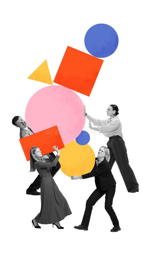 Contemporary Art Collage. Group of Professionals Balancing Geometric ...