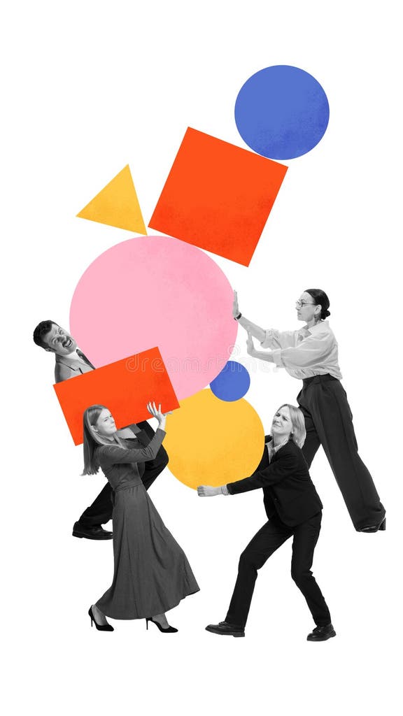 Contemporary Art Collage. Group of Professionals Balancing Geometric ...
