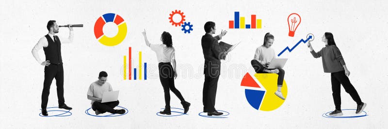 Contemporary Art Collage. Group of Smart Office Workers Analyzing ...