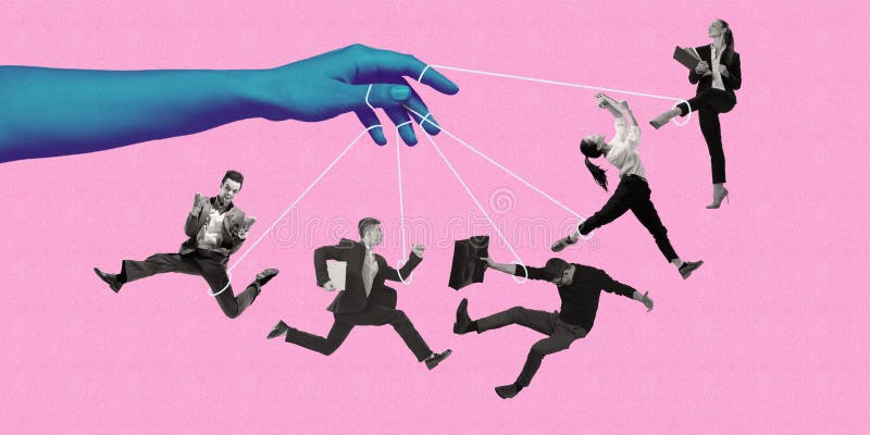Contemporary Art Collage. Hand Holding Employees on Strings ...