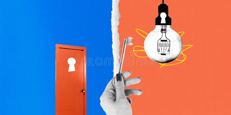 Contemporary Art Collage. Hand Holding Key Alongside Lightbulb ...