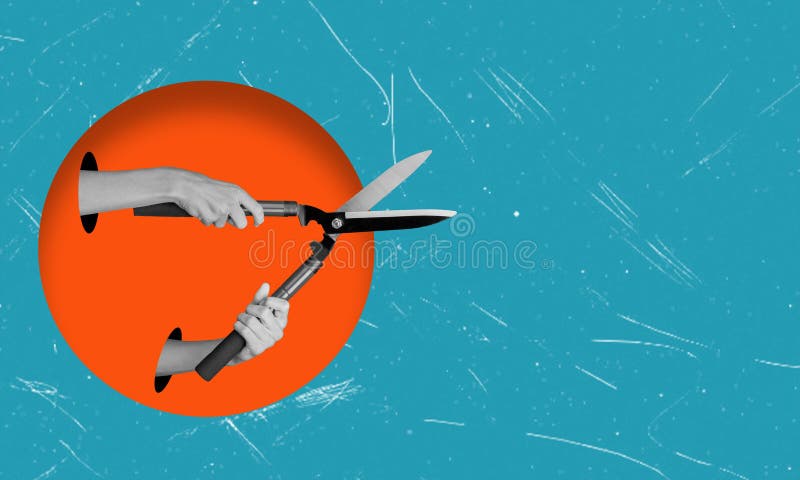 Contemporary Art Collage of a Hand Holding Scissors. Copy Space for Ad ...