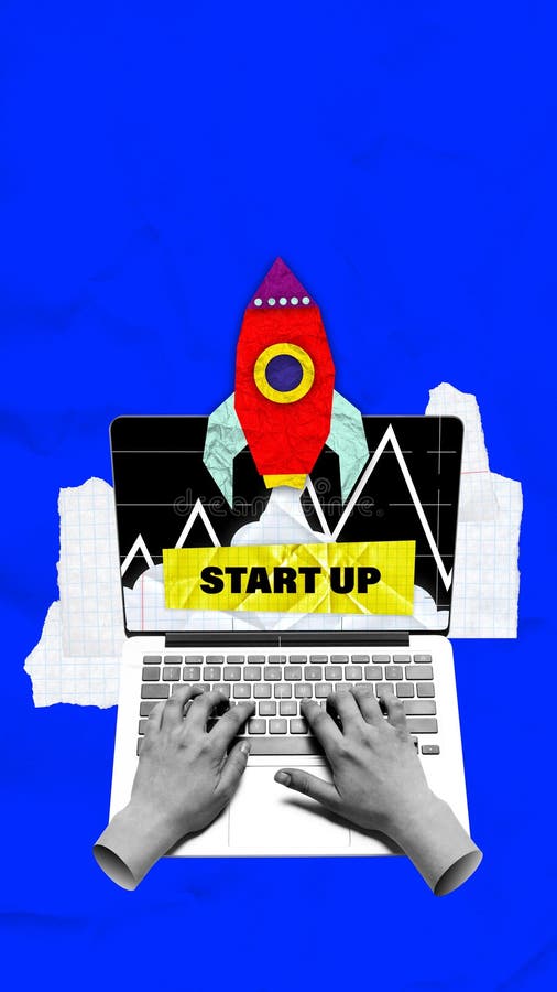 Contemporary Art Collage. Hands Typing on Laptop, with Rocket Emerging ...