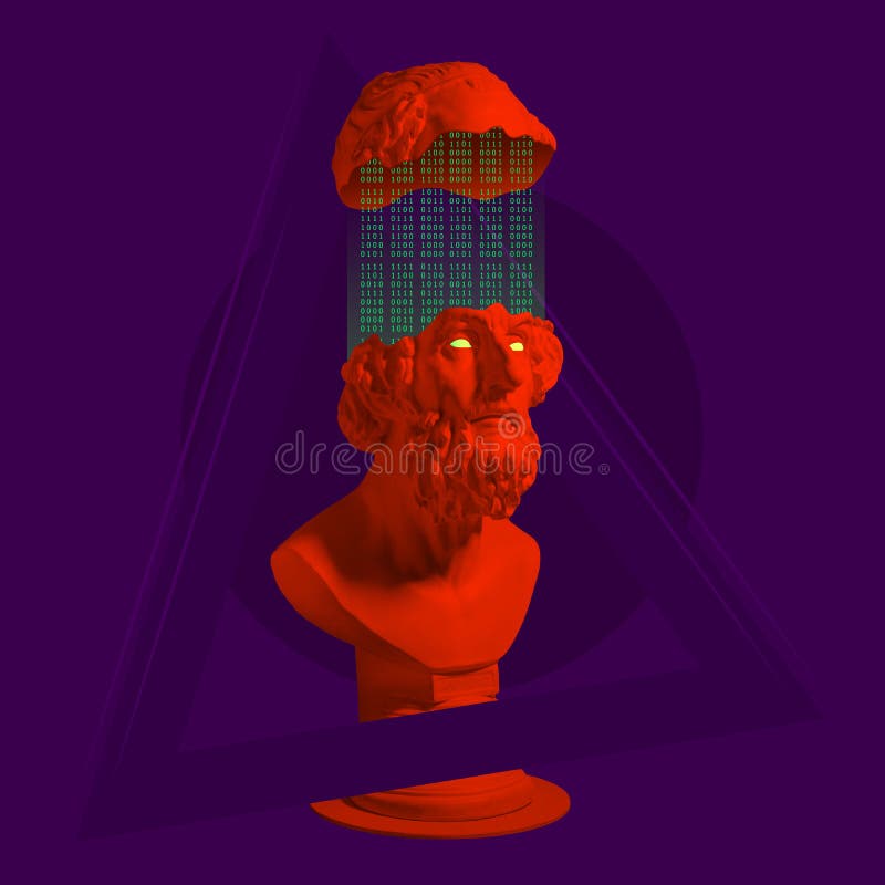Contemporary Art Collage. Image of Red Ancient Greek Statue with Binary ...