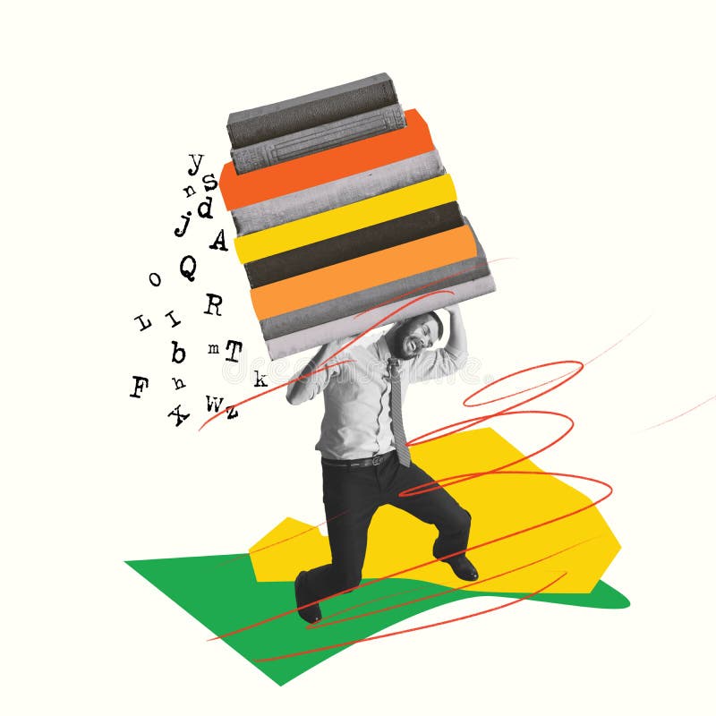 Contemporary Art Collage. Man Carrying on His Shoulders Many Books ... Contemporary Art Collage. Man Carrying on His Shoulders Many Books ...