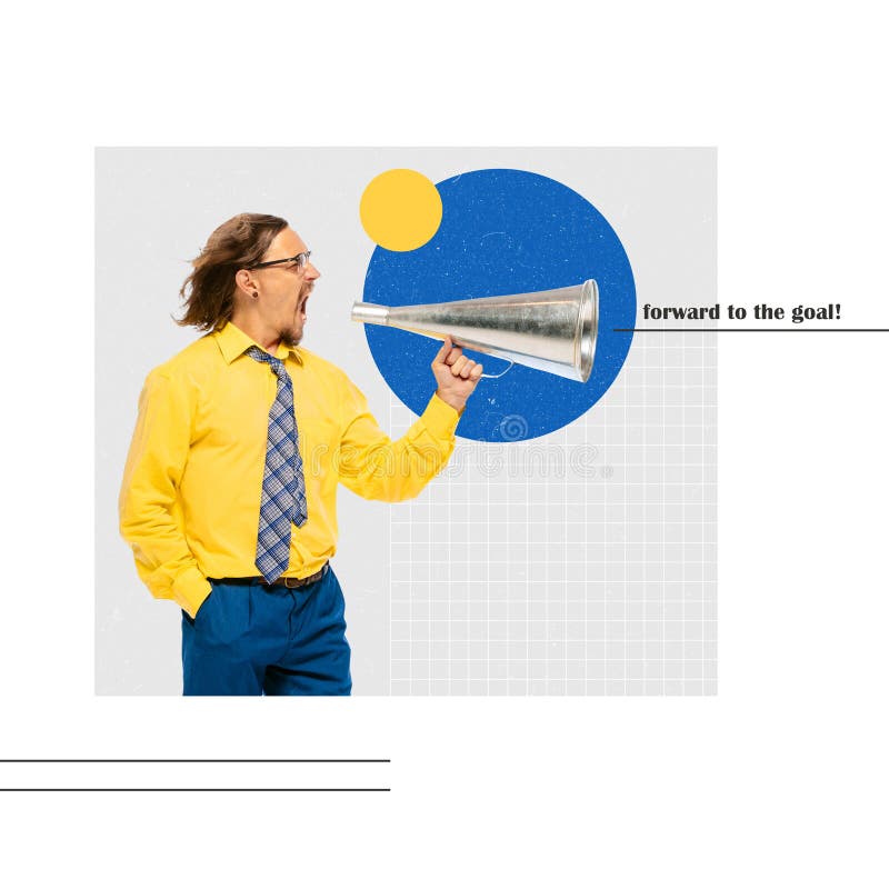 Contemporary Art Collage. Man, Office Manager Shouting Motivational ... Contemporary Art Collage. Man, Office Manager Shouting Motivational ...
