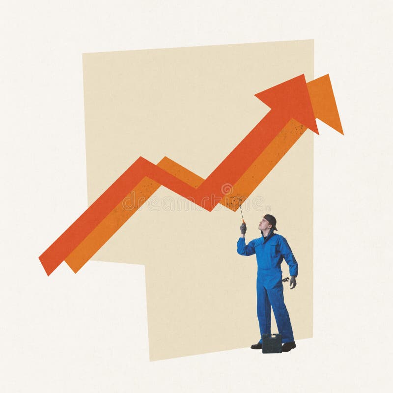 Contemporary Art Collage. Man, Technician Worker Fixing Current Company ...