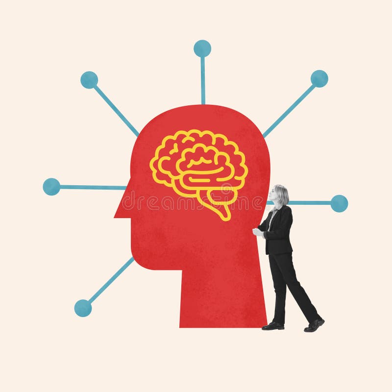 Contemporary Art Collage. Mentor beside Large Head with Brain ...