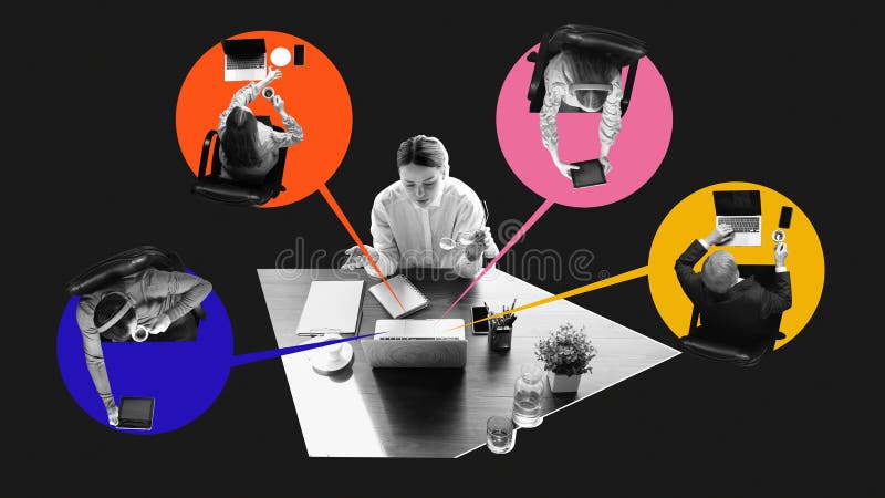 Contemporary Art Collage. Monochrome Workers Working, Connected by ...