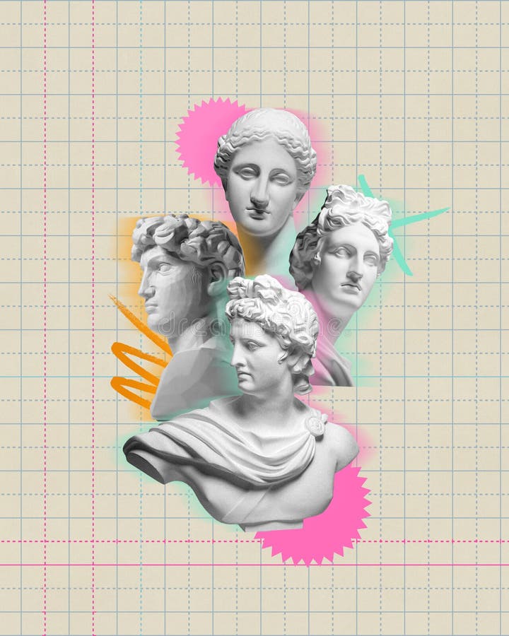 Contemporary Art Collage. Multiple Classical Sculpture Busts Over Beige ...