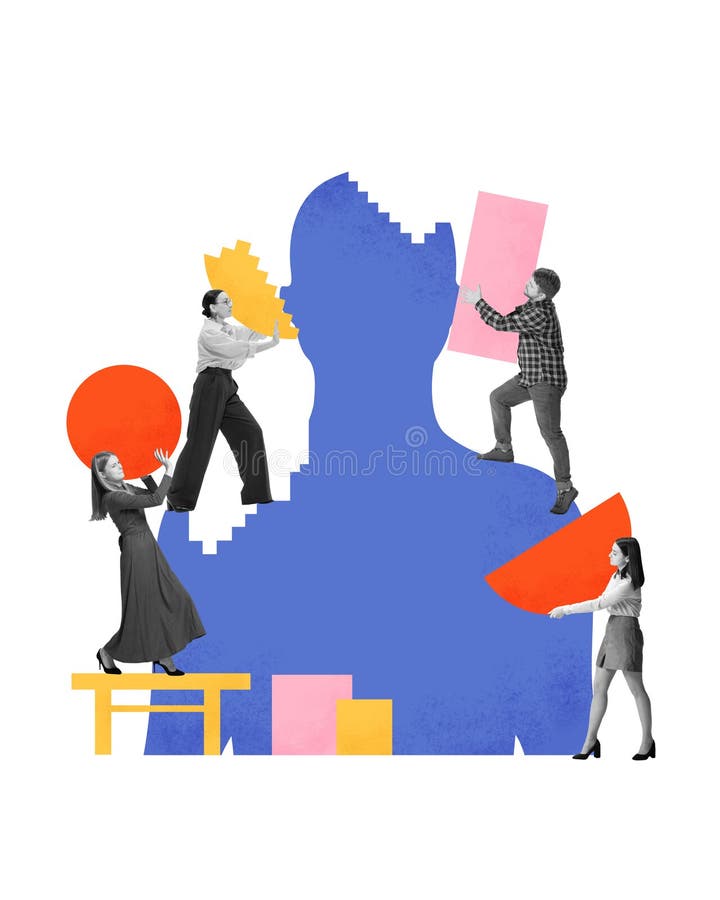 Contemporary Art Collage. Professionals Assembling Pixelated Human Head ...